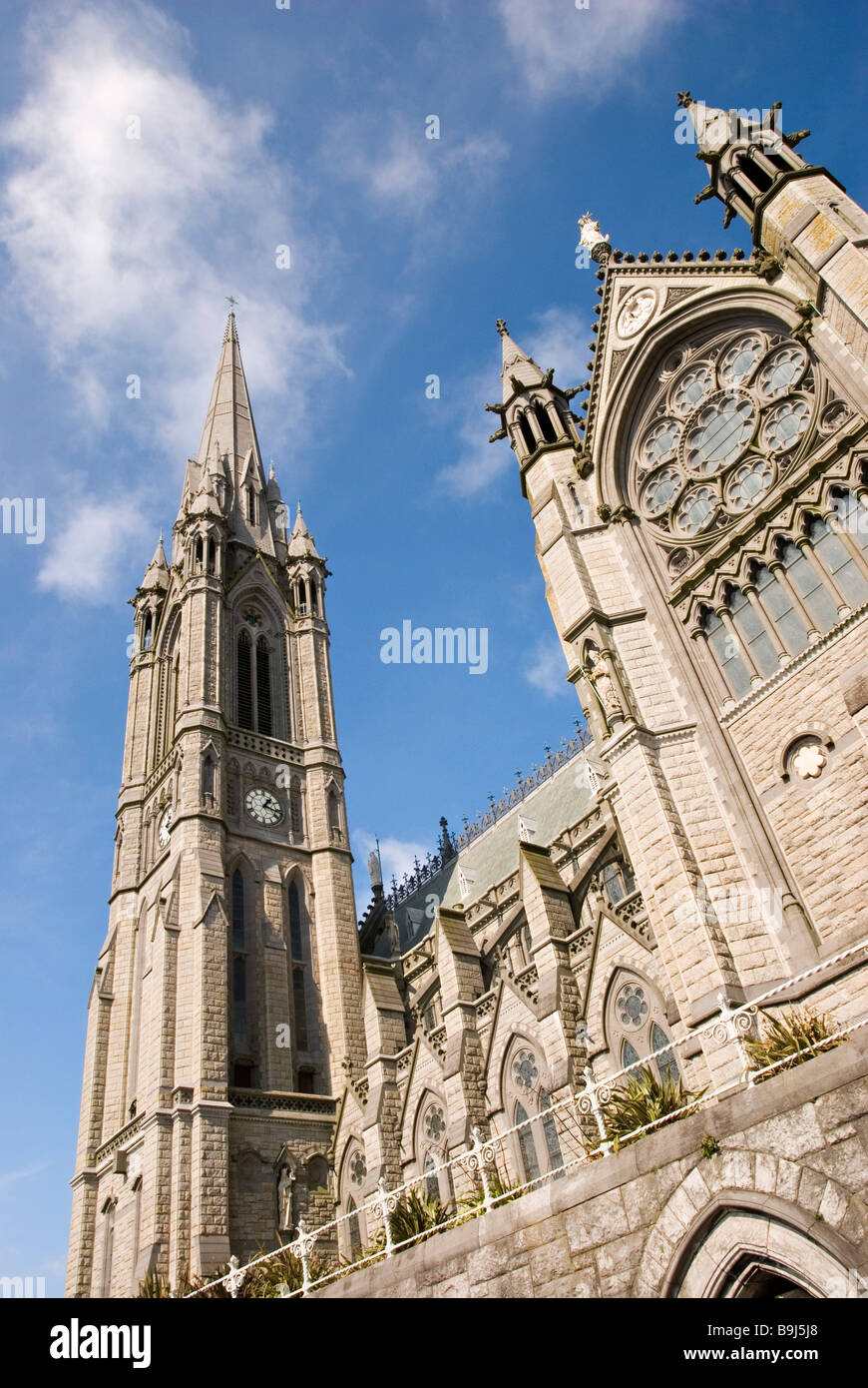 The tower of St. Colman's Cathedral towers above the coastal town of ...