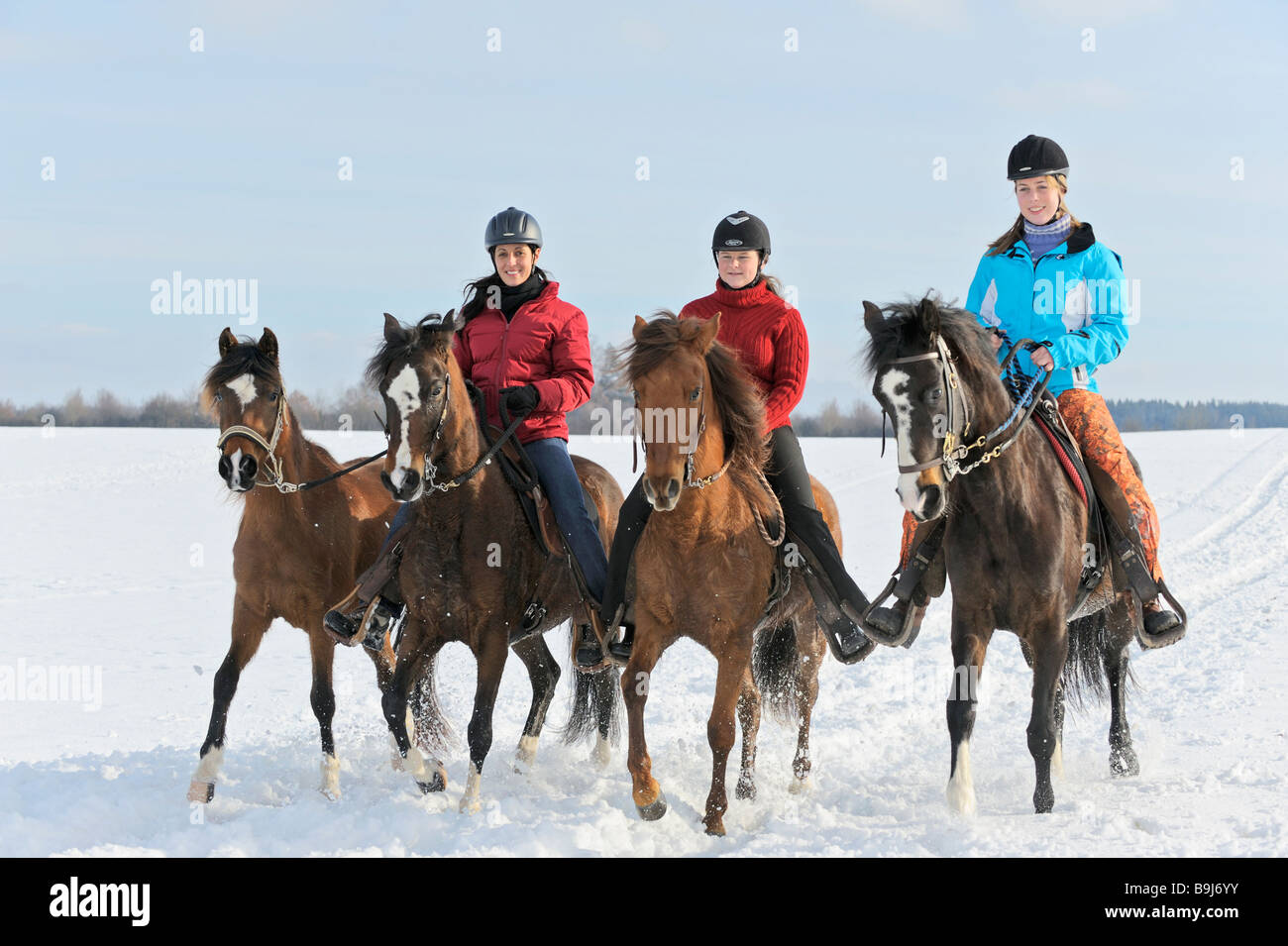 Young riders during a ride out in winter on back of Paso Fino horses ...