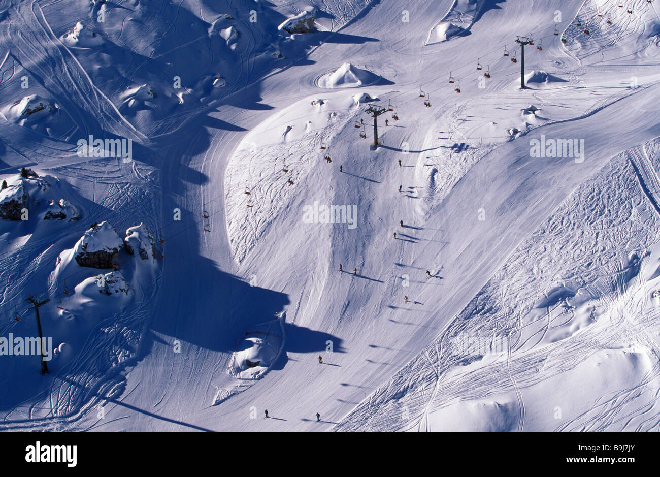Aerial picture, skiing slopes and ski lifts, ski area at the Sella Pass ...