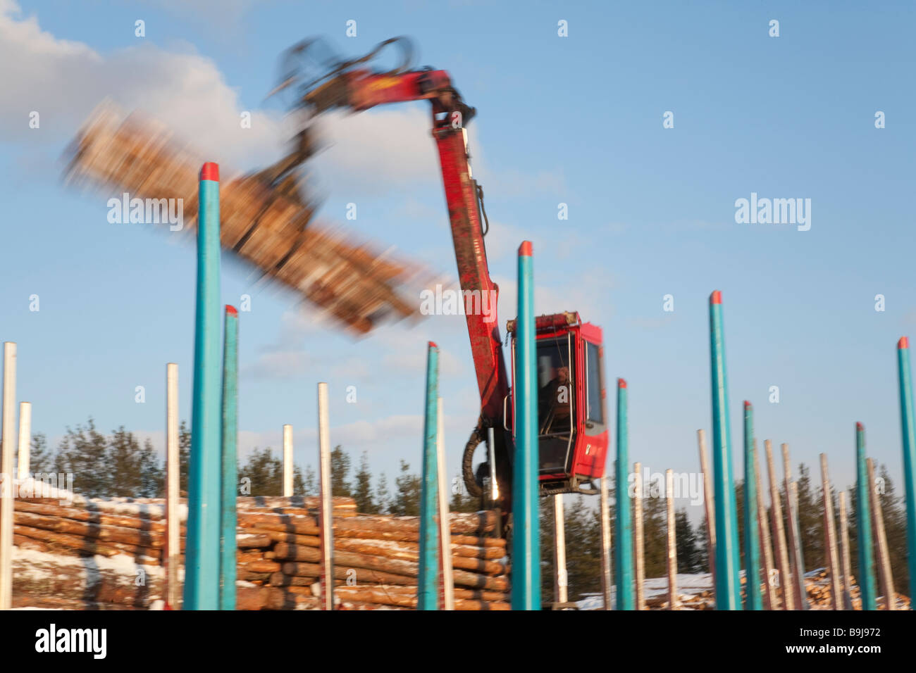Log truck driver using truck crane and loading logs to cargo log train ...