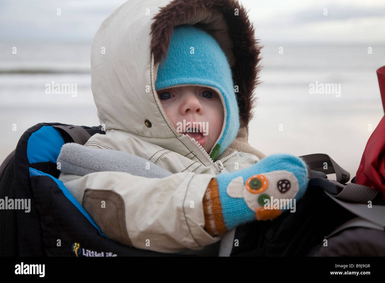 baby boy in rucksack outdoors active healthy in warm jacket parker ...