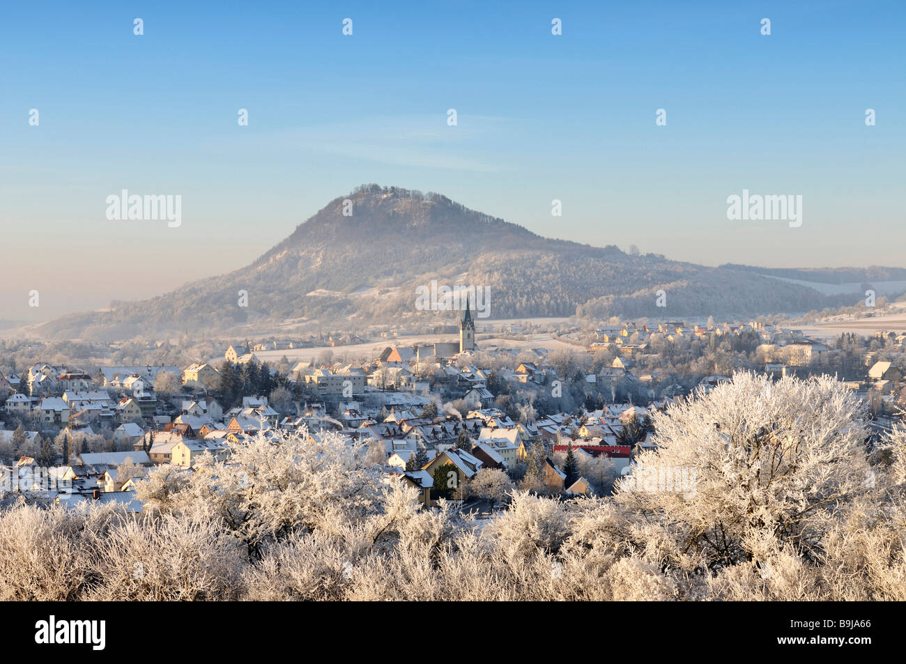 The town of Engen in the Hegau landscape, at back the volcano ...