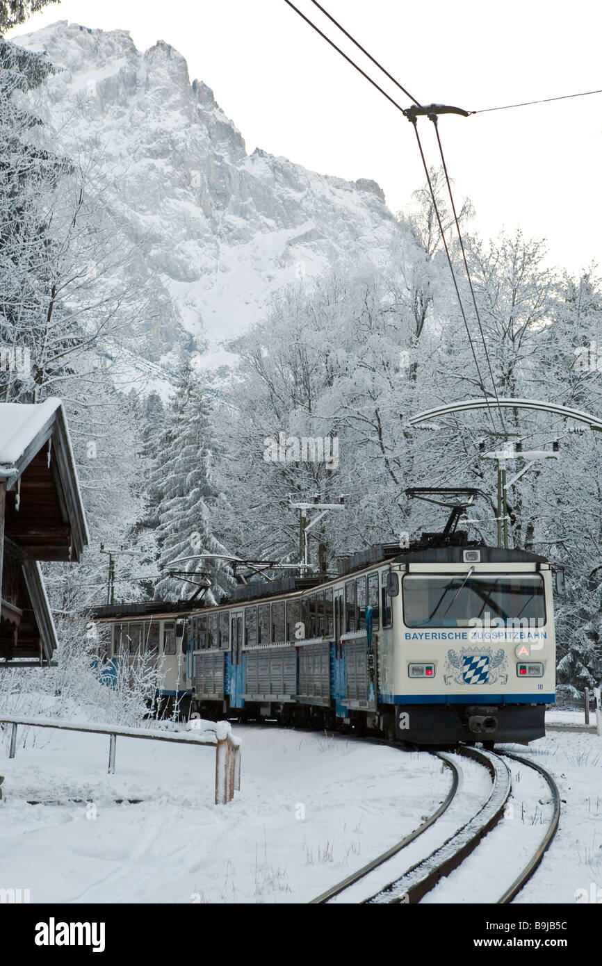 Bayerische Zugspitzbahn Railway Company train in front of Mount ...