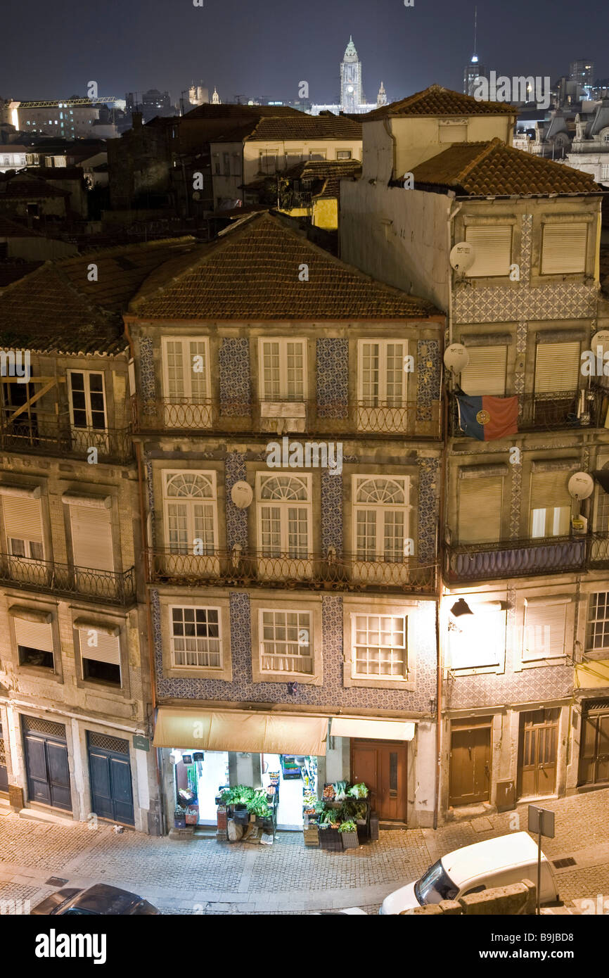 Typical facade in the historic centre of Porto, at back the Torre dos ...