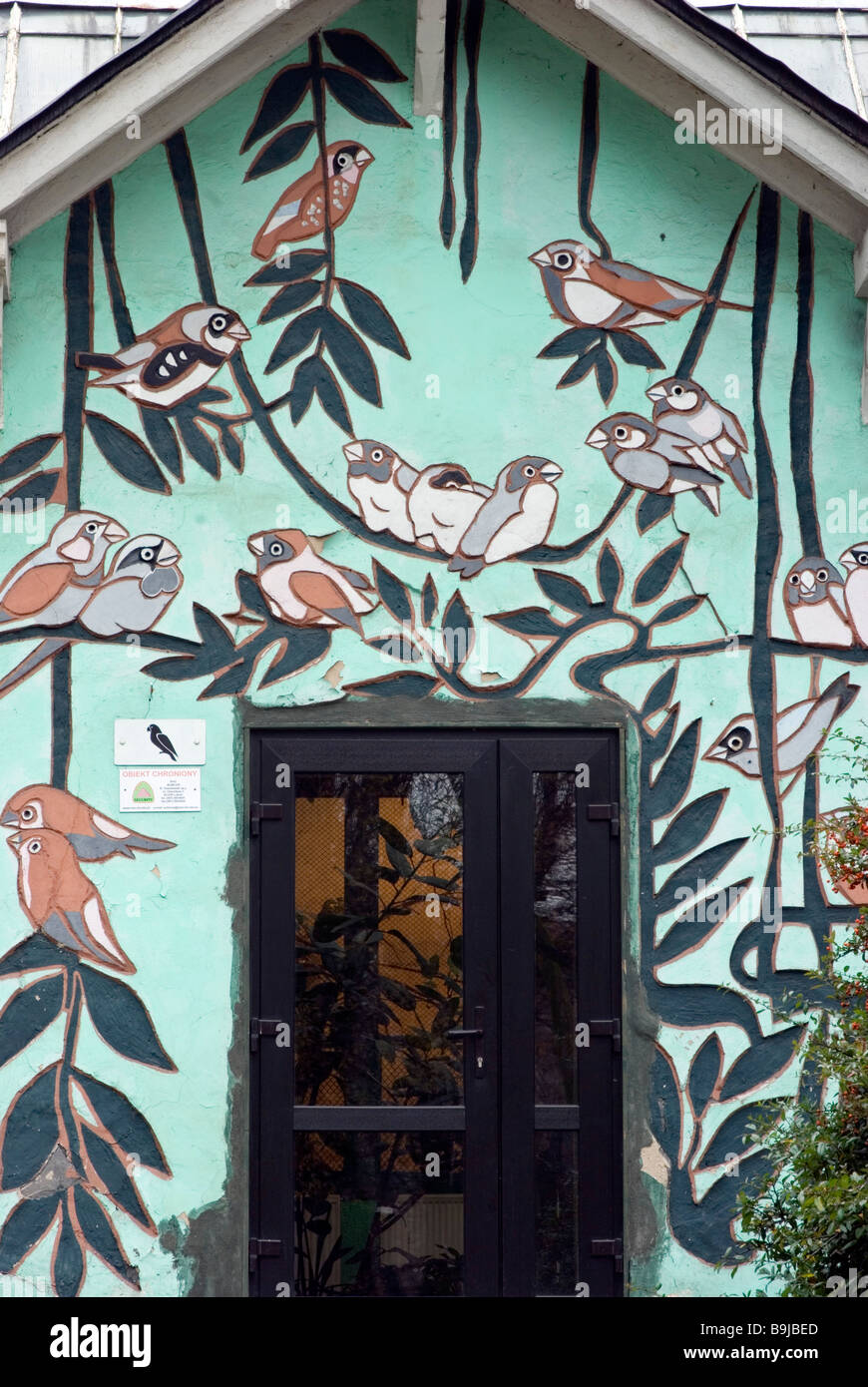 Artwork on a wall of an aviary in the Old Zoo (Stare Zoo) depicting ...