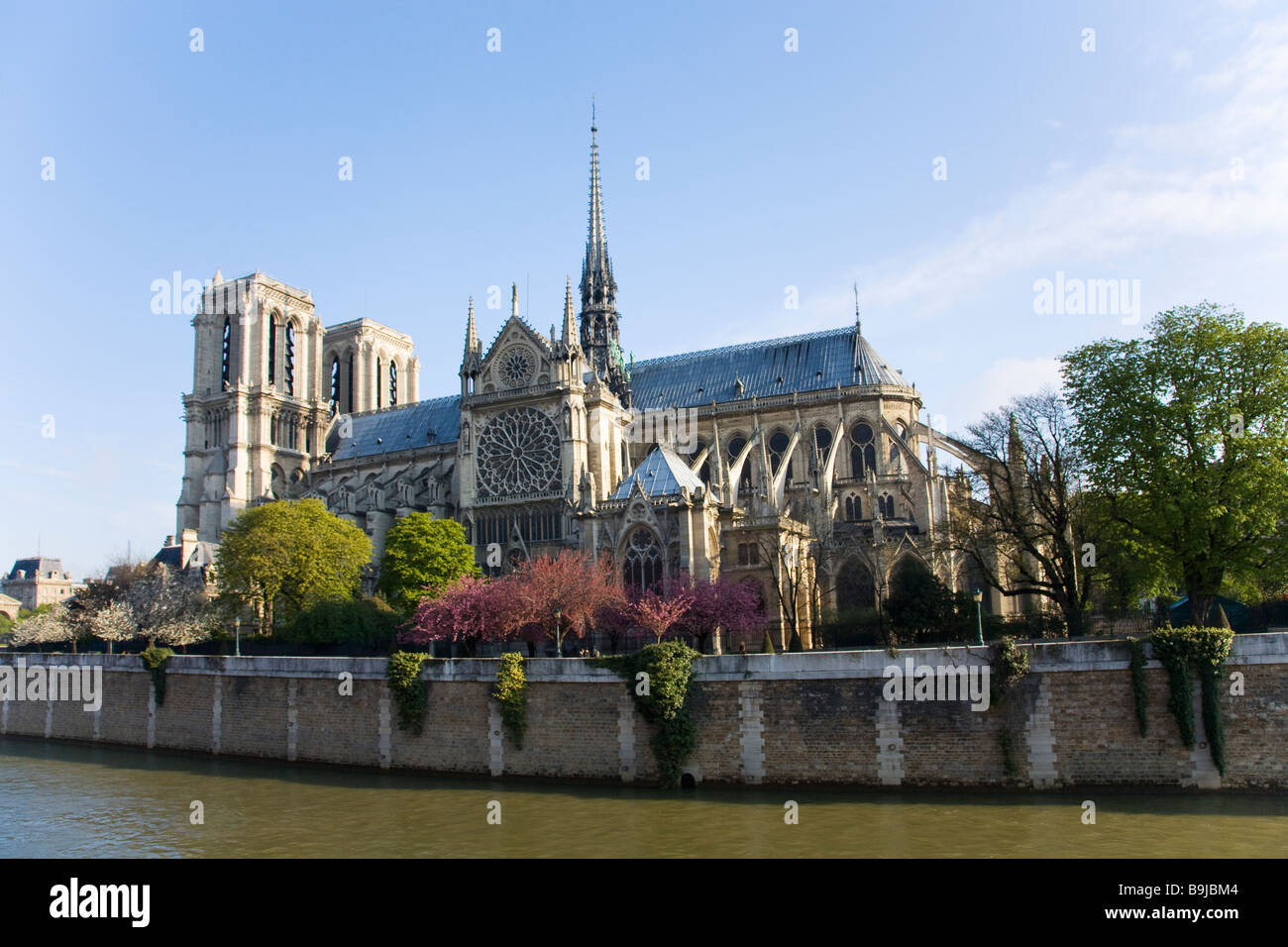 Notre Dame Cathedral and River Seine in spring sunshine Paris France ...