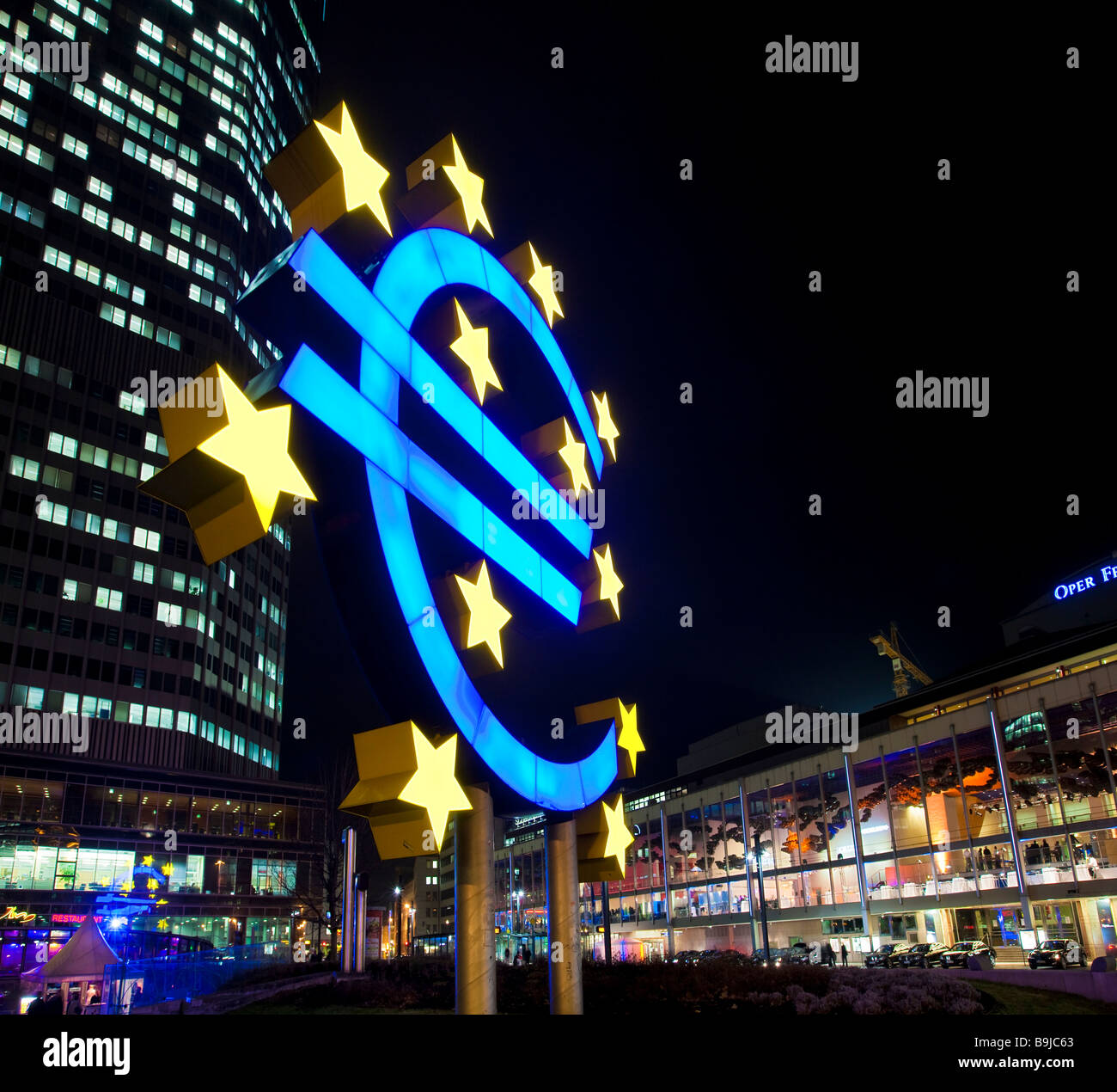 Euro symbol at night, in front of the EZB, ECB, European Central Bank ...