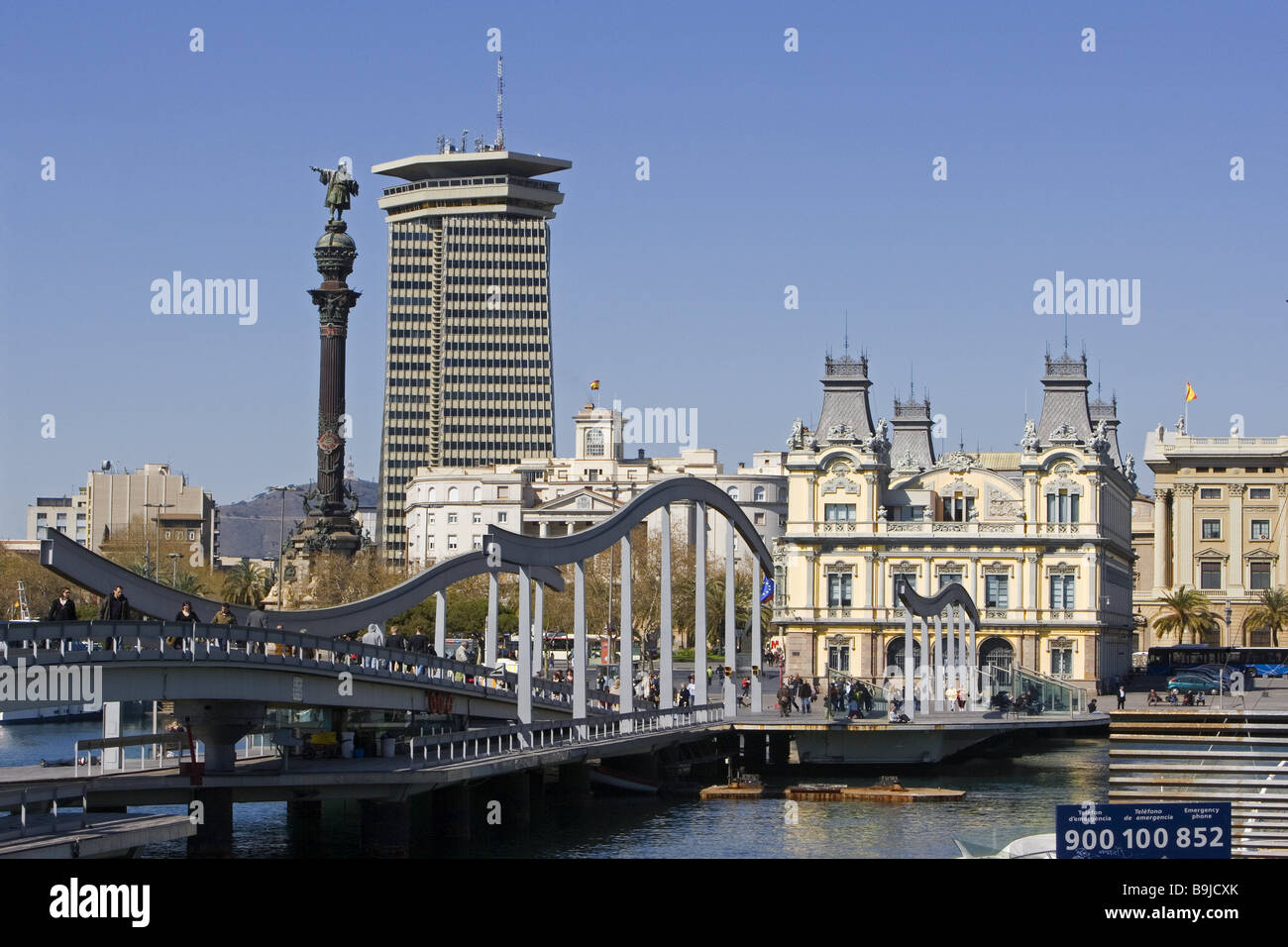 spain Catalonia Barcelona harbor Port Vell Columbus-column bridge city ...