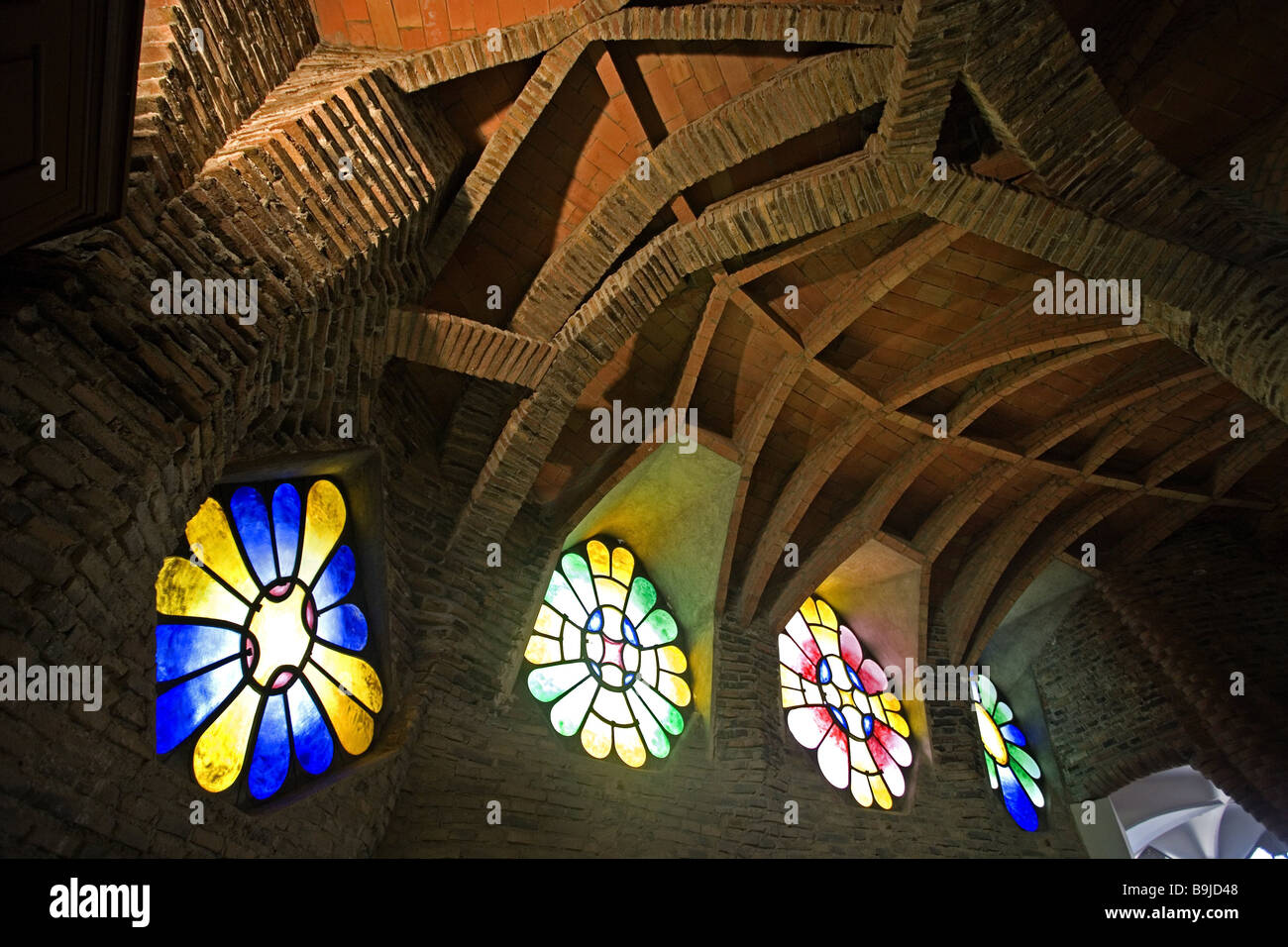 spain Catalonia Barcelona church Colonia Güell colorful-glass-windows ...