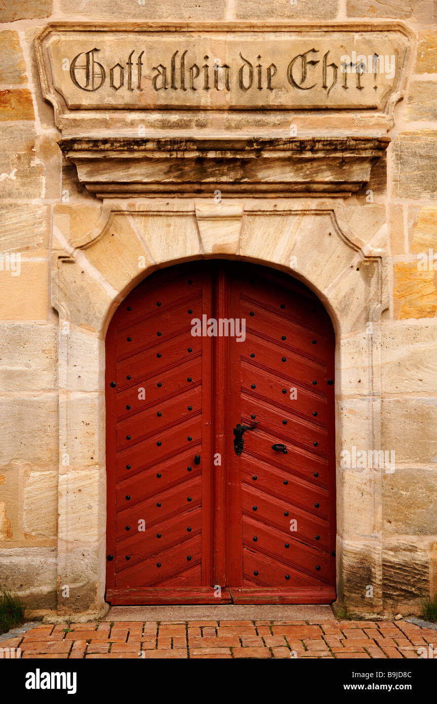Entrance door of a church with a carved inscription, Beerbach, Middle ...