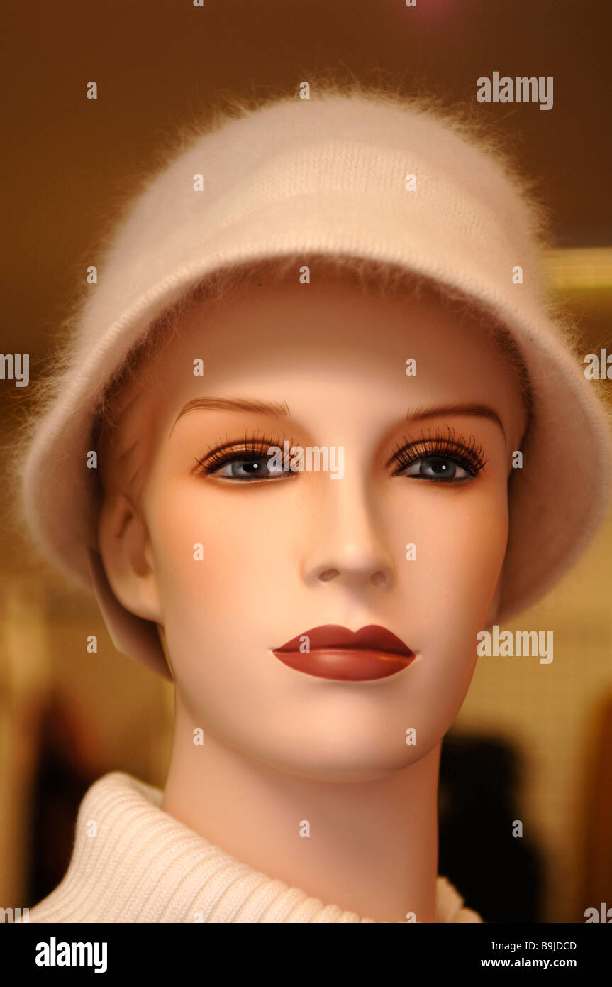 Head of a female window dummy wearing a hat, Schwerin, Mecklenburg ...