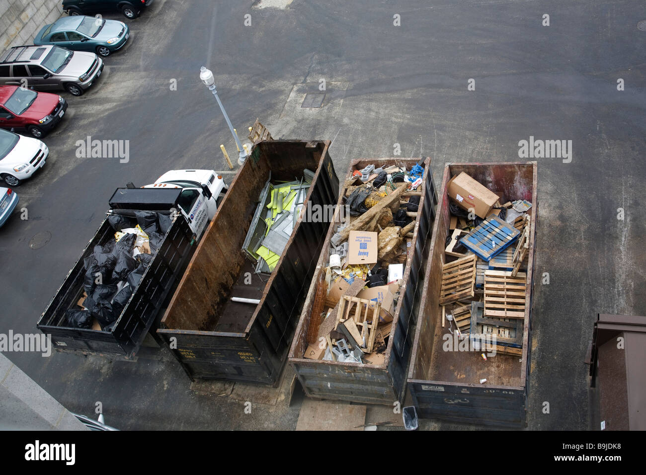Birds eye view of trash containers in carpark Stock Photo - Alamy