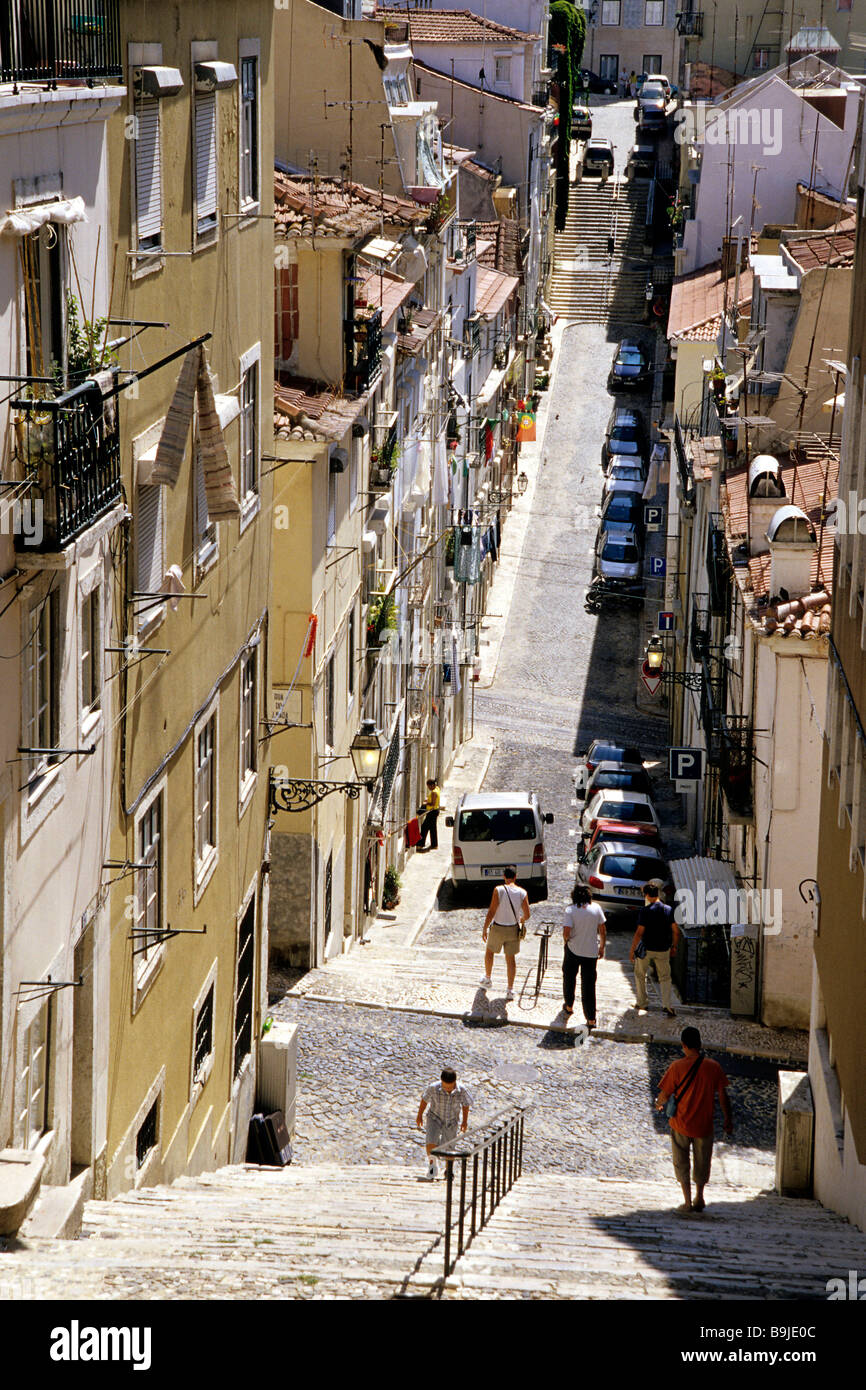 Houses on a slope, stairs in the Bairro Alto district, historic centre ...
