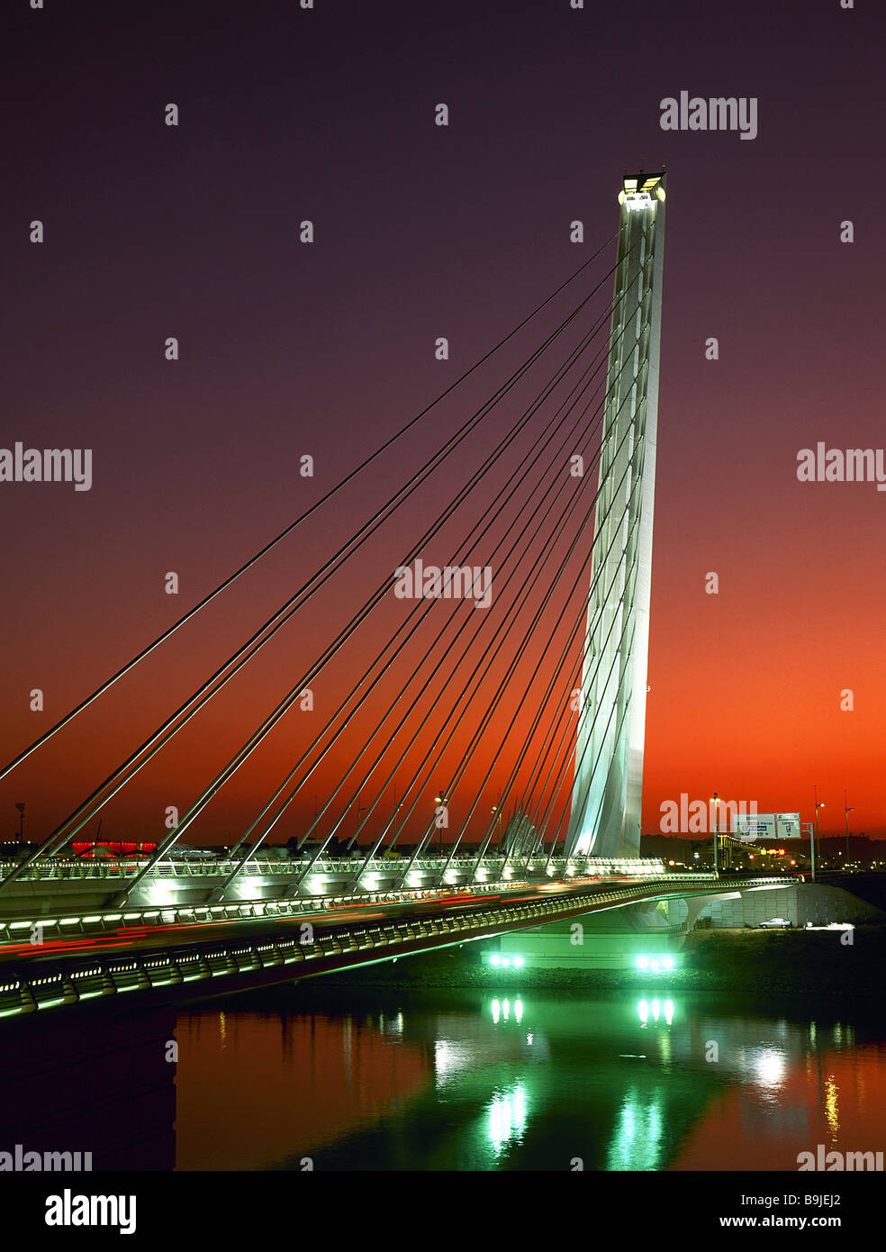 spain Andalusia Sevilla Rio Guadalquivir Alamillo bridge illumination ...