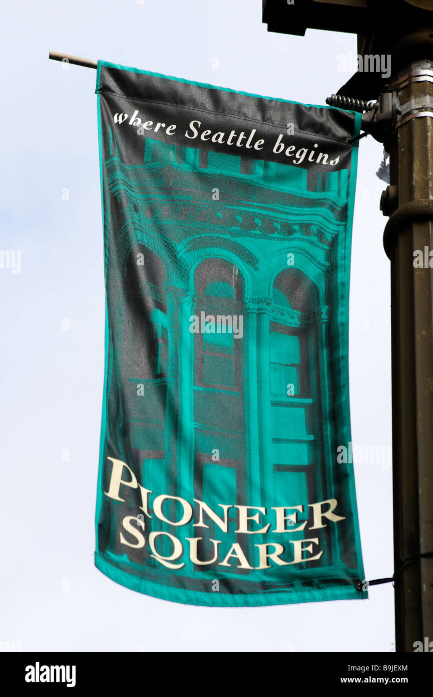 Sign for Pioneer Square, historic downtown district, Seattle ...