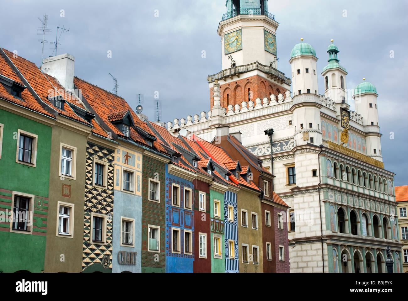 The colourful architecture of the Town Hall and Tenement Buildings in ...