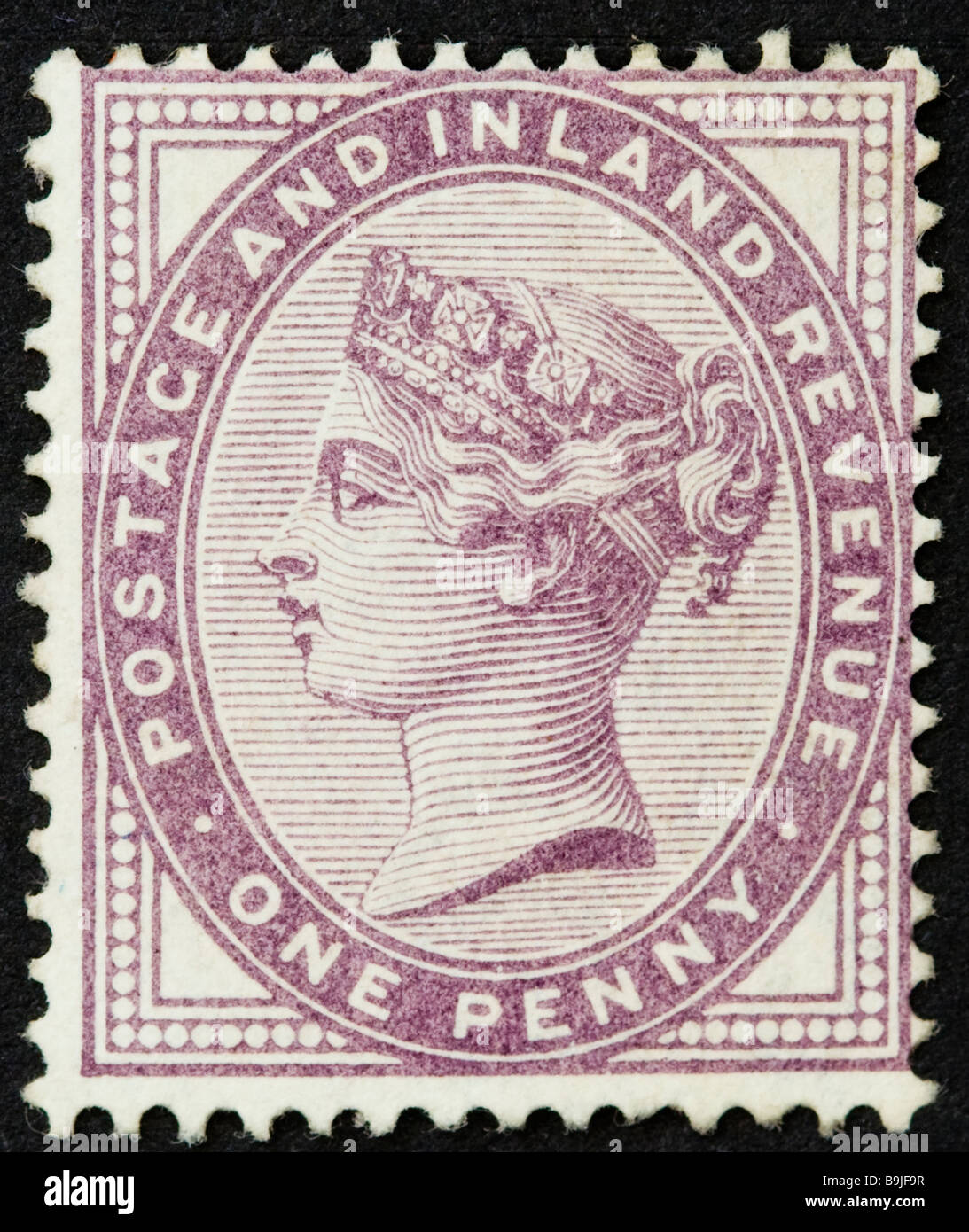 Close up of one penny, 1d, lilac Victorian British Postal stamp on ...