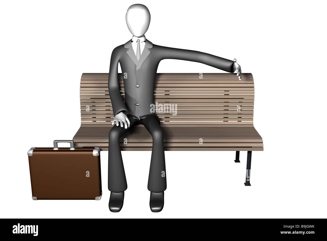 3d illustration of businessman sitting alone on a bench with a space ...