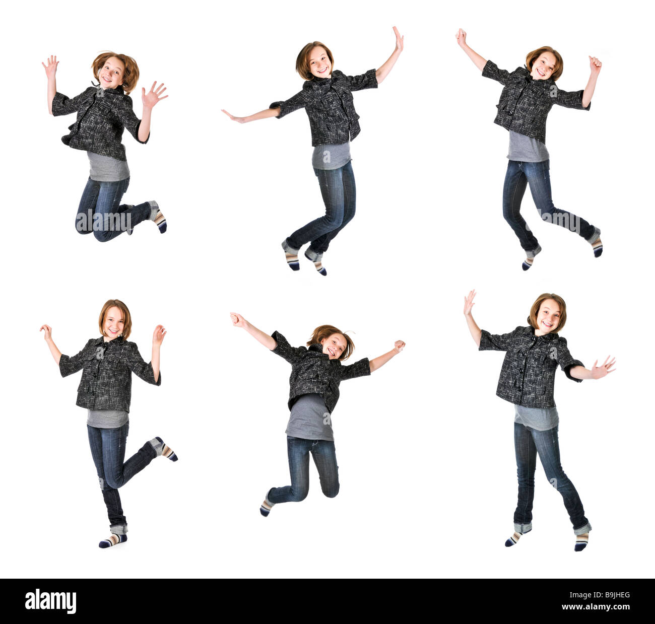 Teenage girl jumping isolated on white background several poses Stock ...