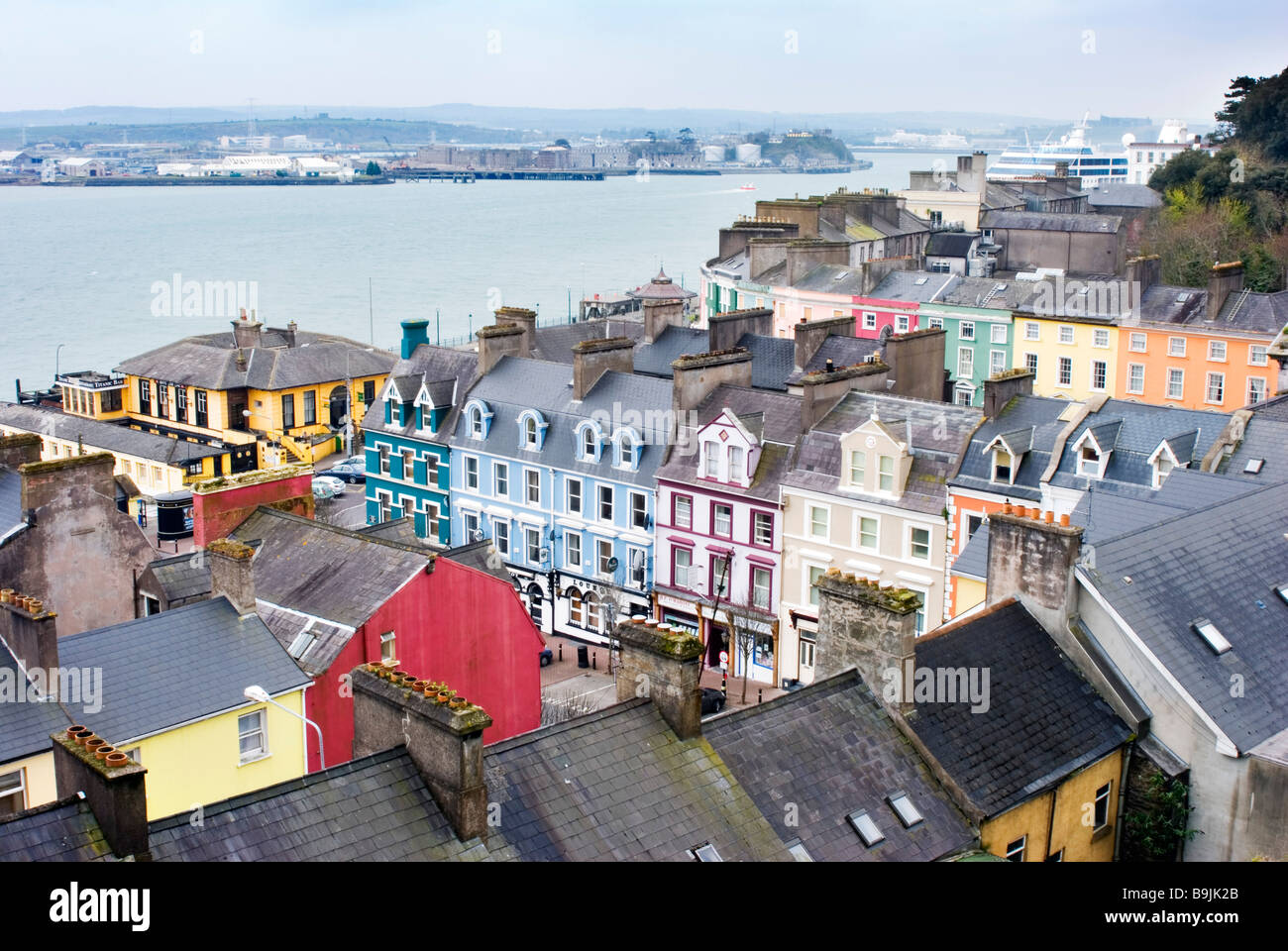 View over the colourful coastal town of Cobh from St Colman's Cathedral ...