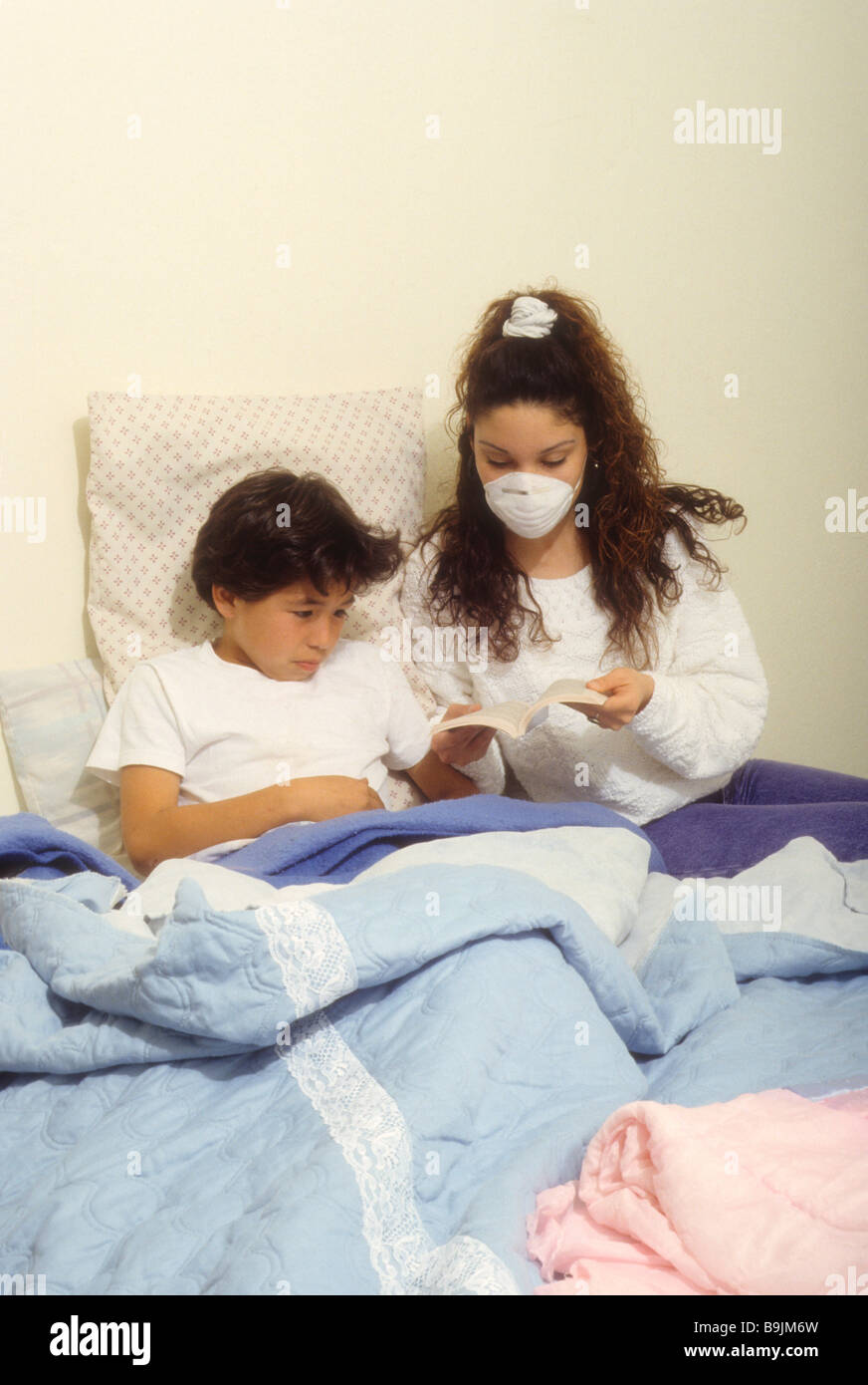 Mother son thermometer temp fever sick ill well bed health care med mom ...