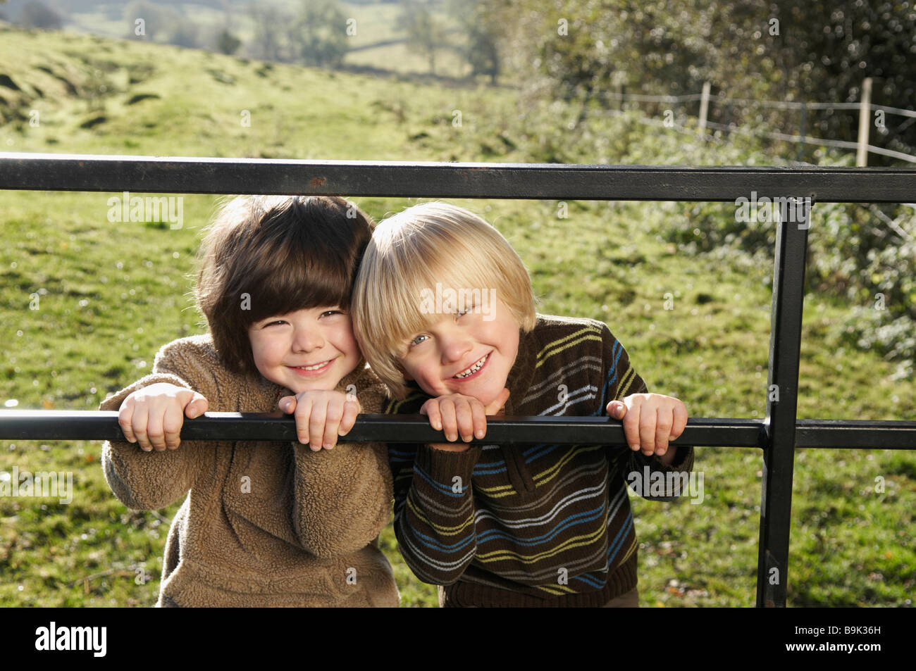Two young boys on gate in countryside Stock Photo - Alamy
