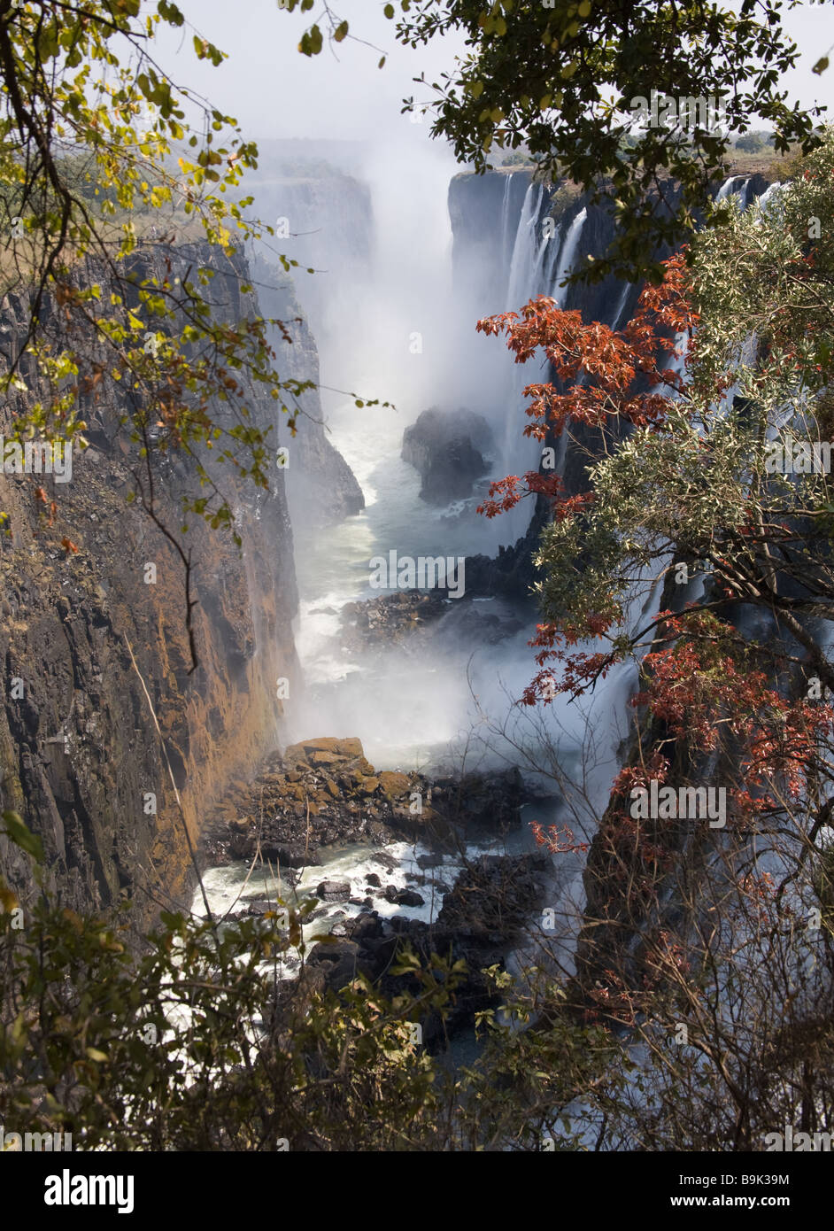 The view along the Victoria Falls towards Zimbabwe from Zambia showing ...