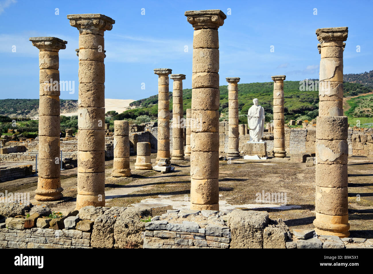 Roman ruins of Baelo Claudia at Bolonia Cadiz Province Spain Statue of ...
