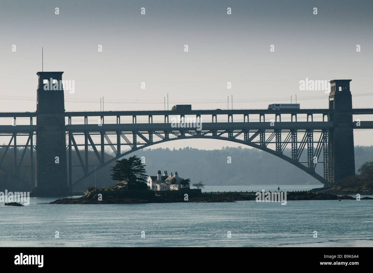 The Britannia Bridge across the Menai Straits to Anglesey north Wales ...