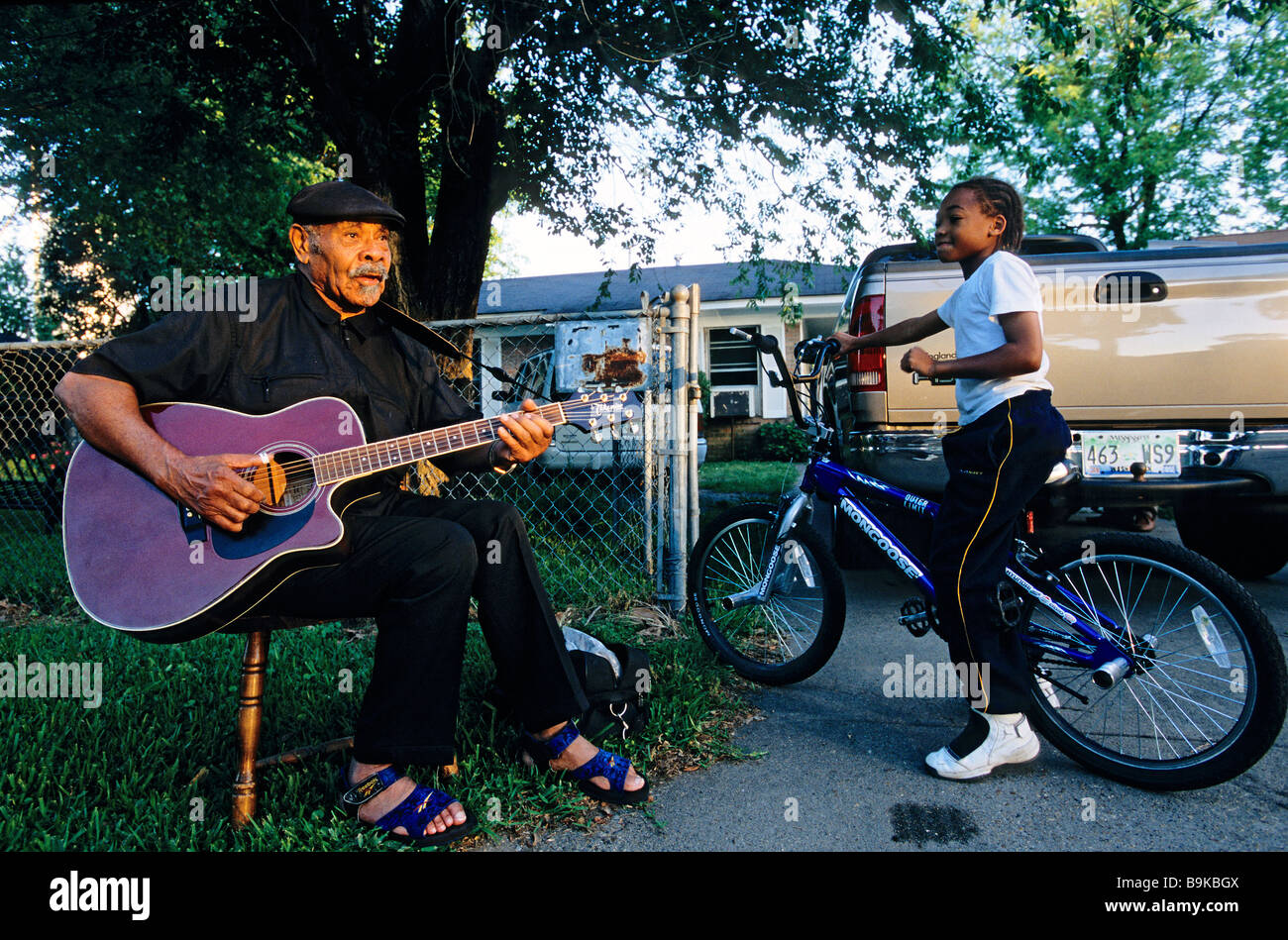 United States, Mississippi, Leland, Bluesman Eddie Cusic playing in ...