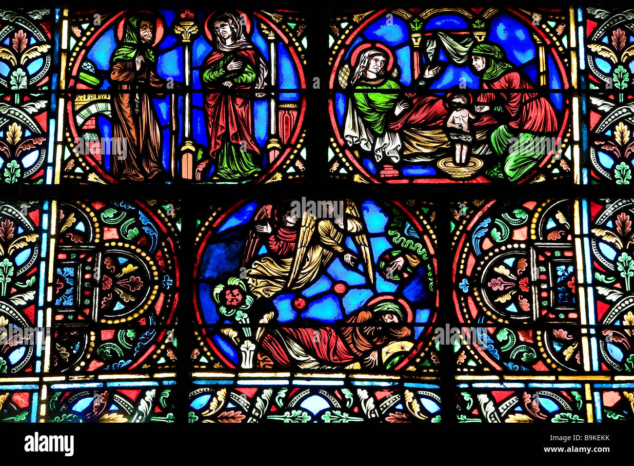 France, Marne, Reims, Saint Remy Basilica, stained glass window detail ...