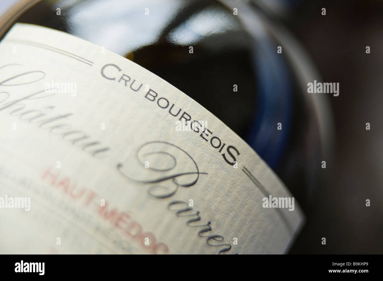 Chateau Barreyres Cru Bourgeois wine bottle label closeup Stock Photo ...