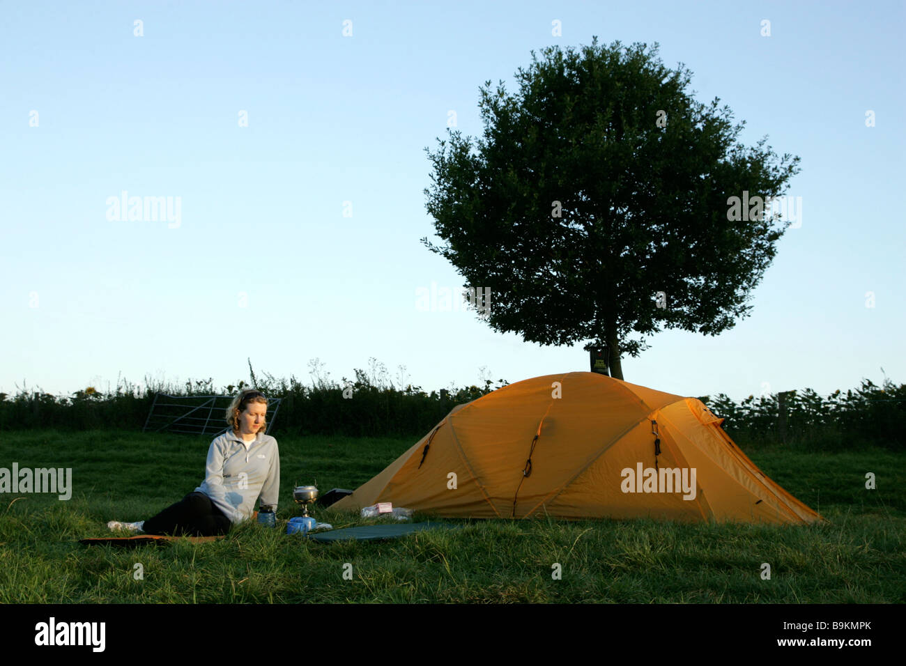 Woman cooking on camp stove outside tent with tree in the British ...