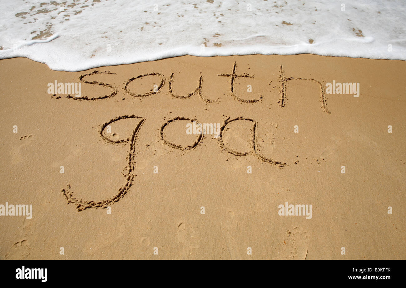 South Goa written in the sand at Mobor Beach in Goa, India Stock Photo ...