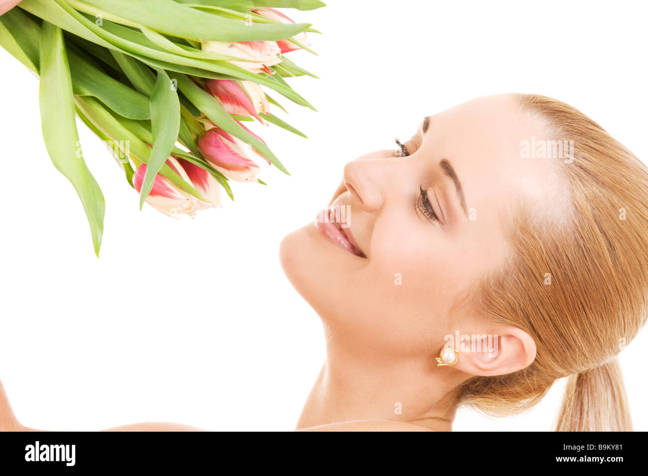 picture of happy woman with flowers over white Stock Photo - Alamy