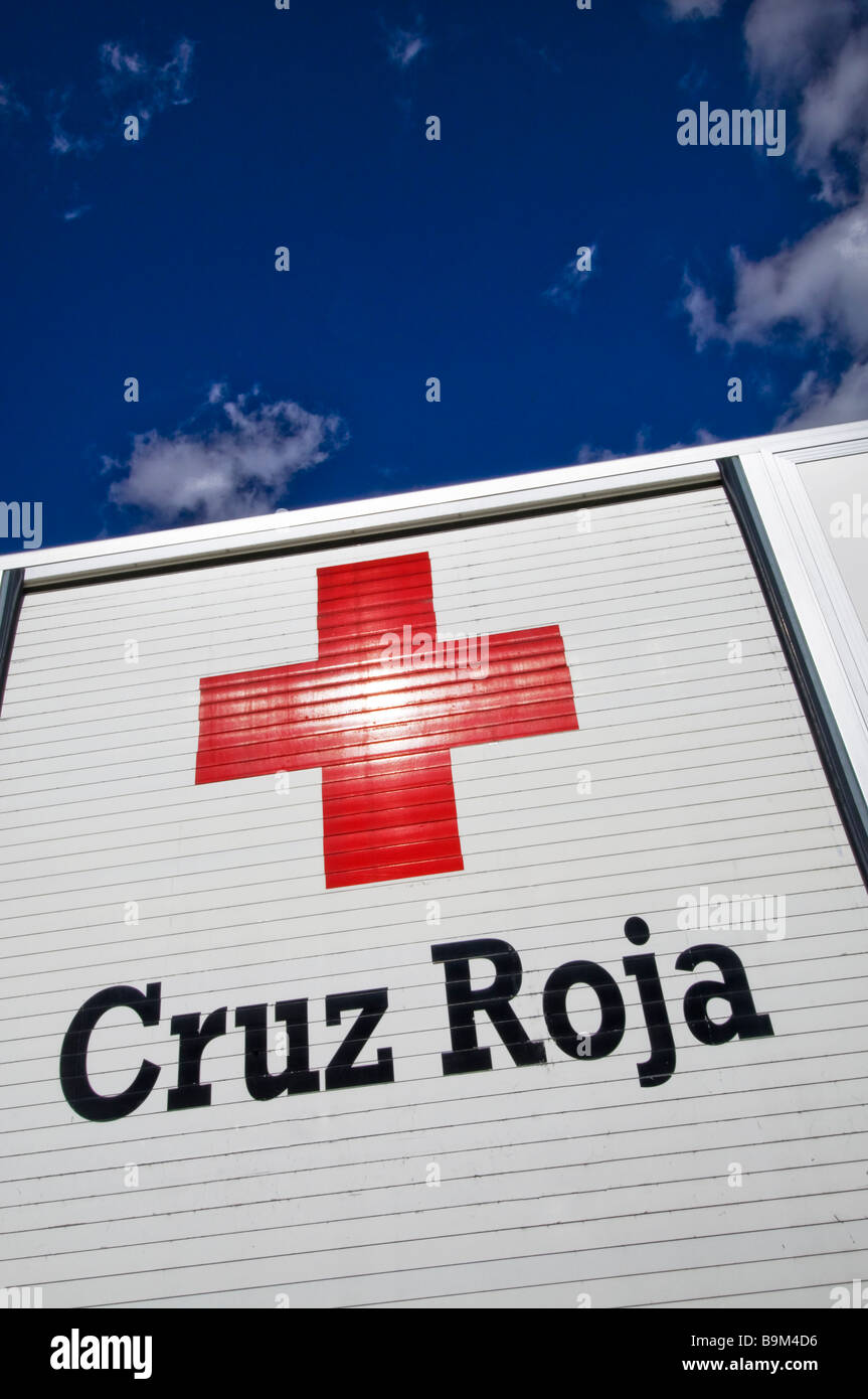 Cruz Roja sign on mobile medical emergency red cross treatment centre ...