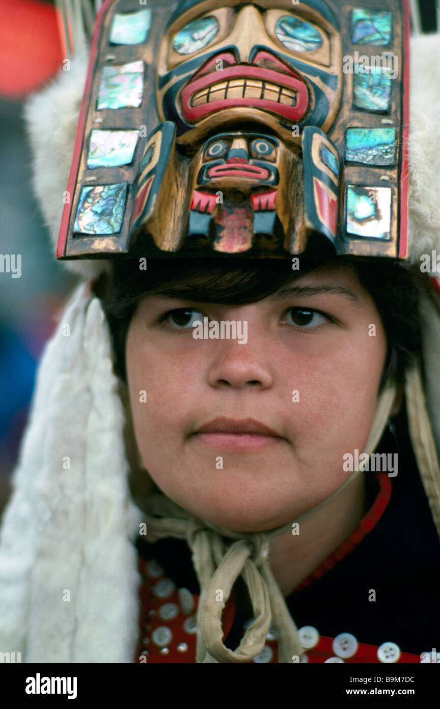 Portrait of Native American Indian Girl in Traditional Ceremonial Mask Headdress and Regalia at ...