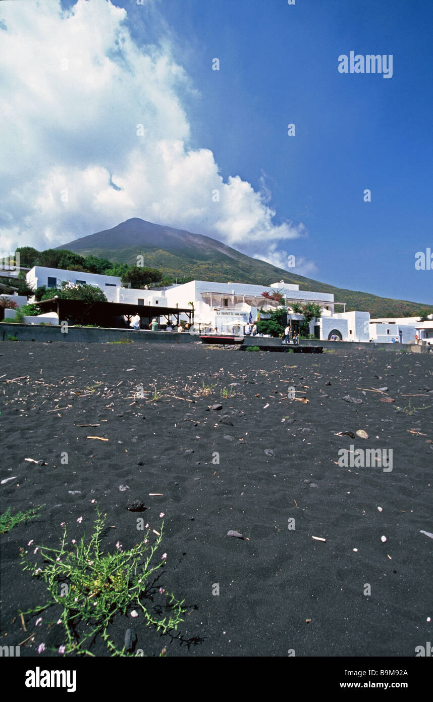 Stromboli, Aeolian Islands, Italy. The volcano and black sandy beach ...