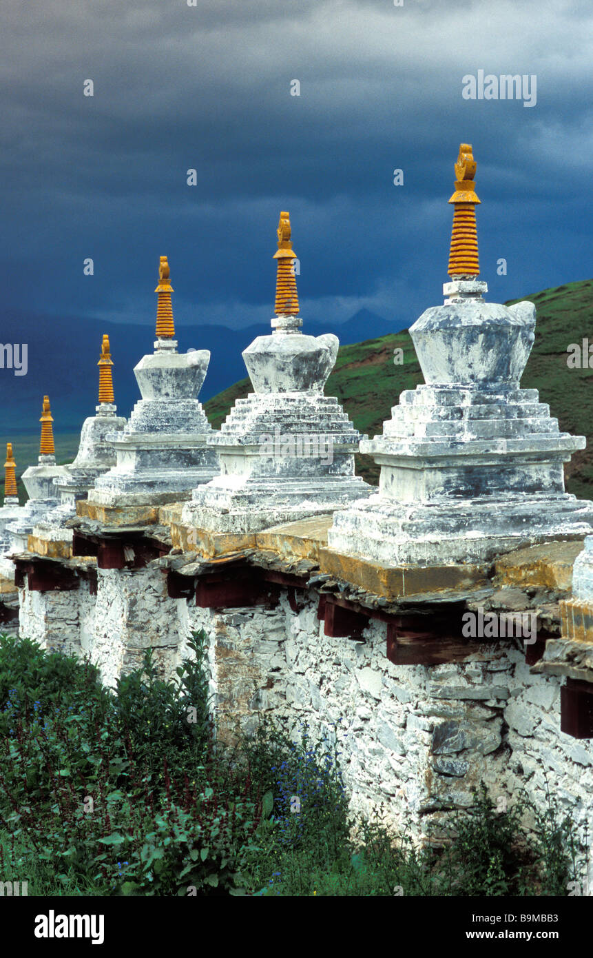 China, Sichuan province, Litang, stupas lining the walls of the Litang ...