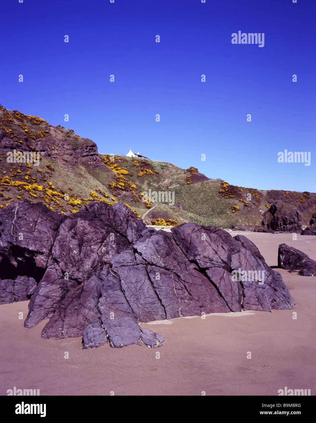 Rocks jutting out of beach on St. Cyrus beach, east coast, Scotland ...