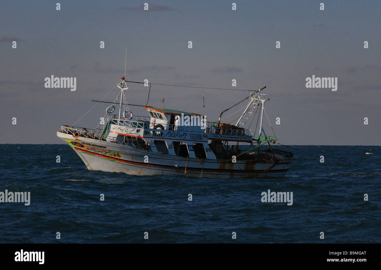 Egyptian stern trawler towing trawl net in South East Mediterranean Sea ...