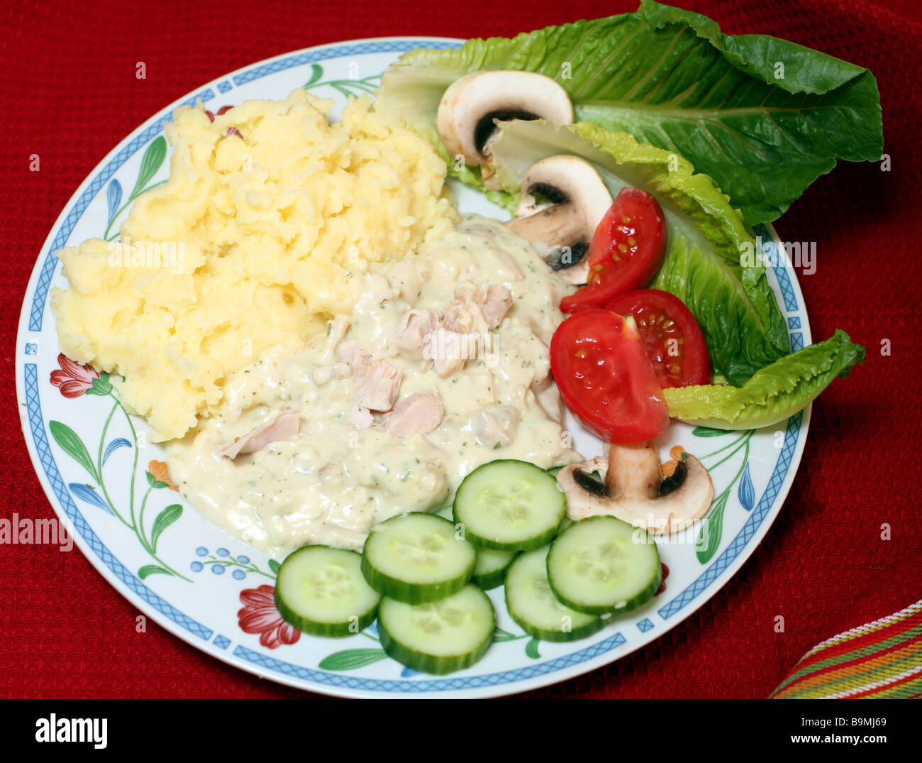 Turkey fricassee,served with mashed potatoes and a tomato,lettuce ...