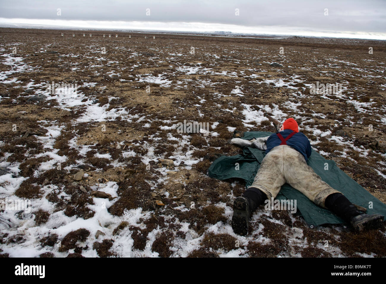 Canadian Ranger lying on front aiming rifle at targets on horizon ...