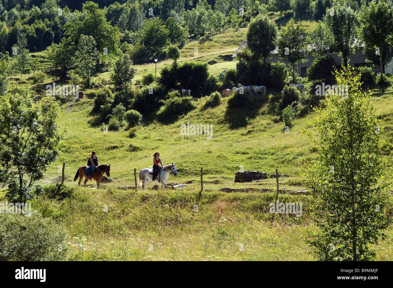 France, Hautes Pyrenees, cirque de Gavarnie, horse riding Stock Photo ...