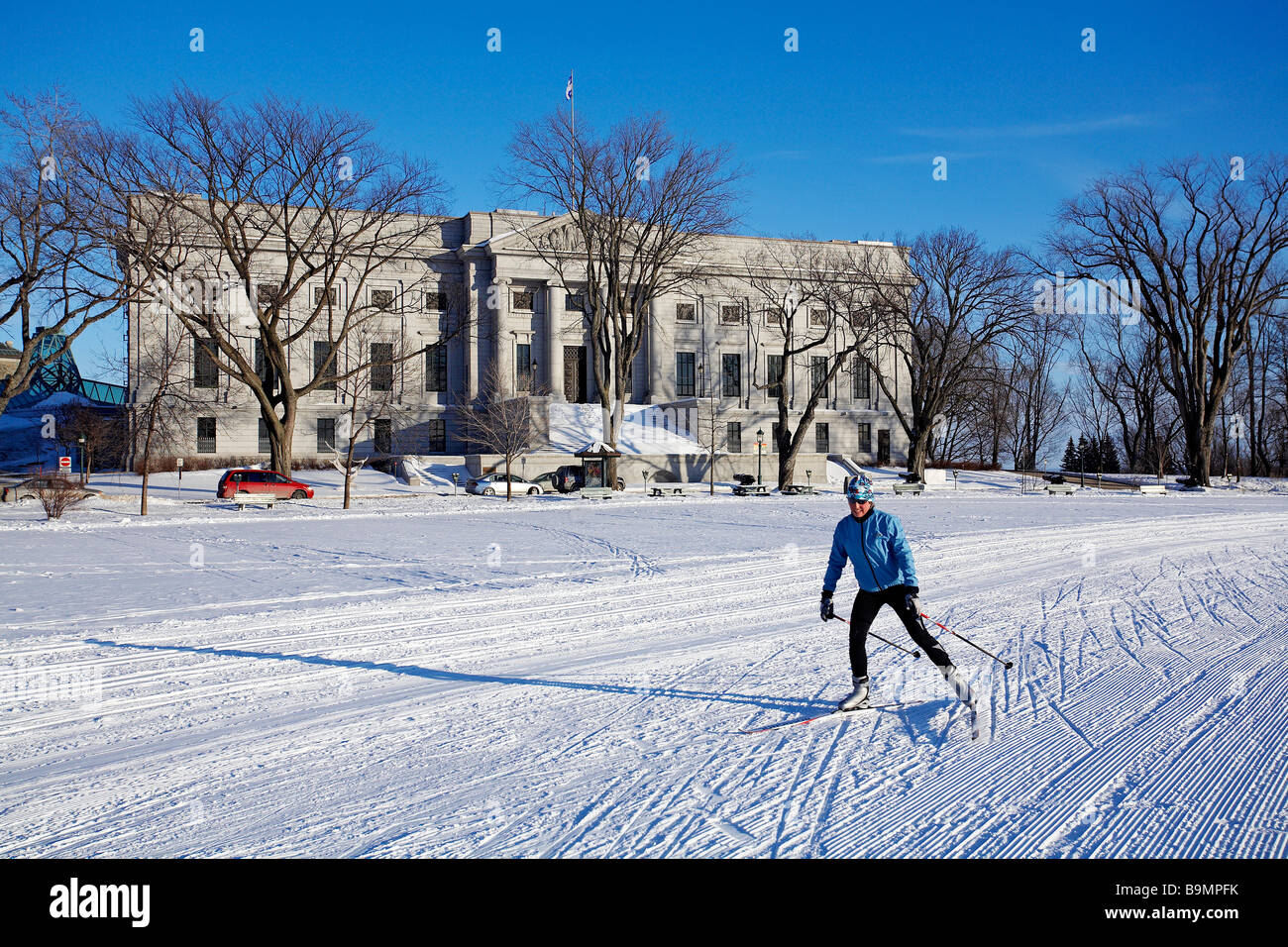 Canada, Quebec Province, Quebec City, Plains of Abraham, Skier passing ...