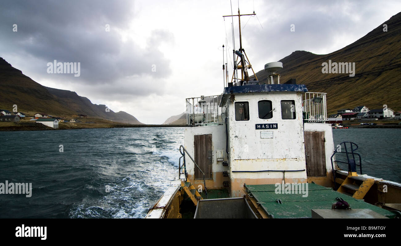 The post boat "Másin" sailing out from Hvannasund, Faroe Islands Stock ...