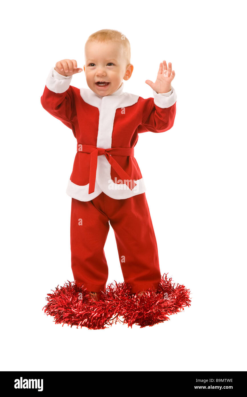little boy dressed as Santa Claus on a white background Stock Photo - Alamy