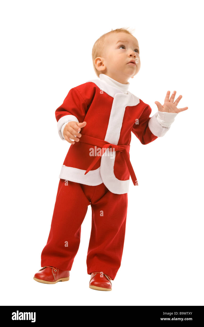 little boy dressed as Santa Claus on a white background Stock Photo - Alamy