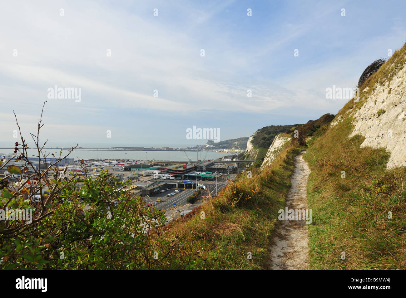 View over the port of Dover in Kent, UK, from the White Cliffs of Dover ...
