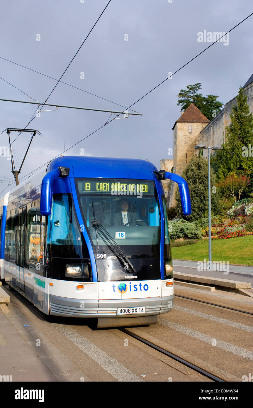 France, Calvados, Caen, the tram at the bottom of the ducal castle ...